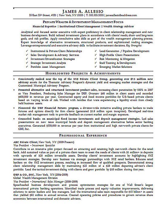 Investment Manager Resume Example